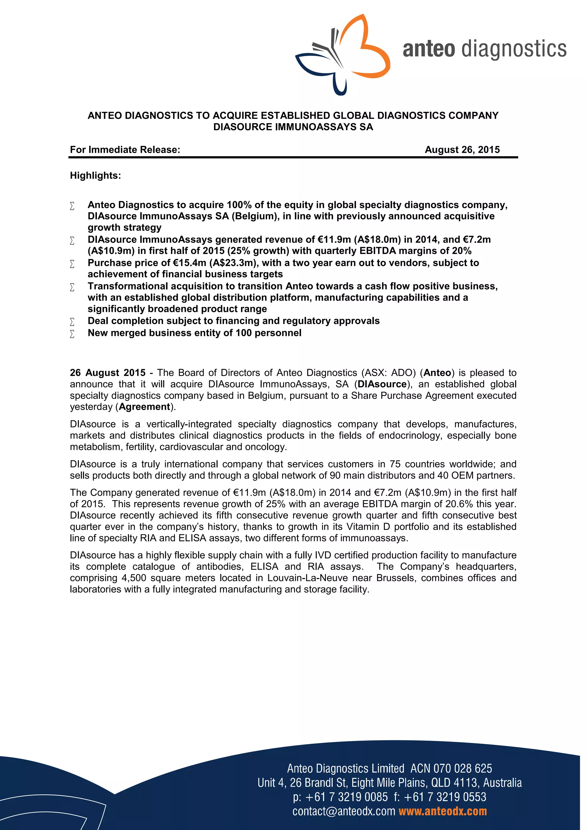 Anteo Diagnostics to acquire Global Diagnostics Company - Diasource | PDF