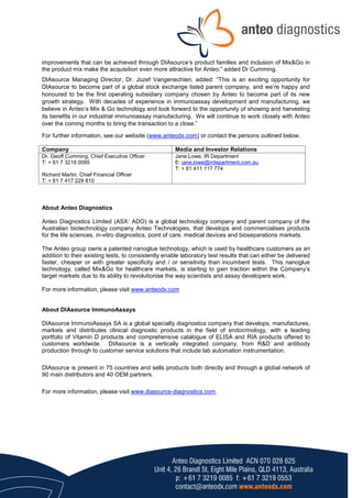 Anteo Diagnostics to acquire Global Diagnostics Company - Diasource | PDF