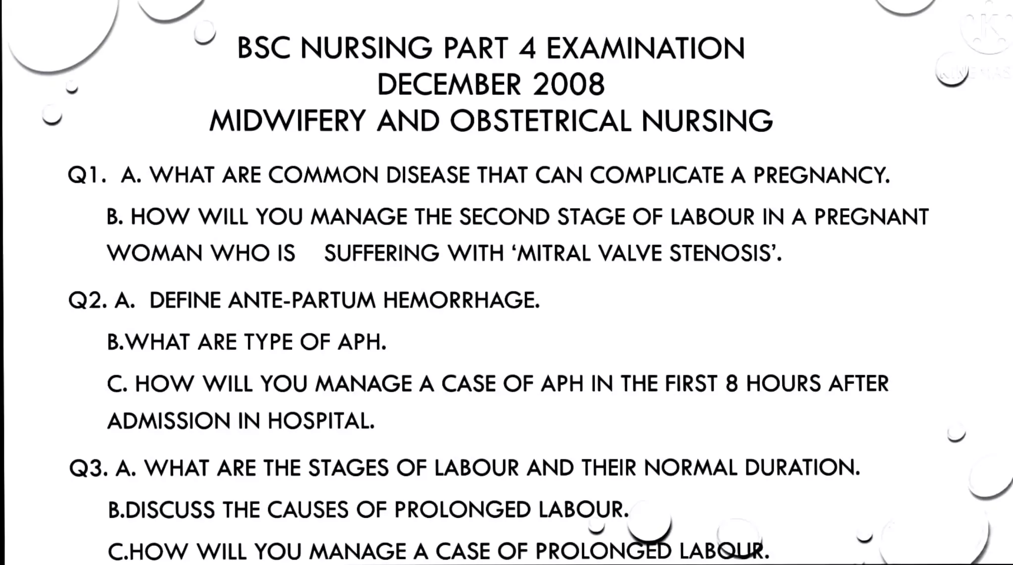 Bsc nursing 4th year OBSTETRICS AND GYANACOLOGY MAIN EXAM QUESTIONS ...