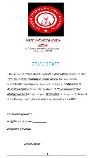 BIOLOGY INVESTIGATORY PROJECT ON ADAPTATION IN ANIMALS AND PLANTS | PDF