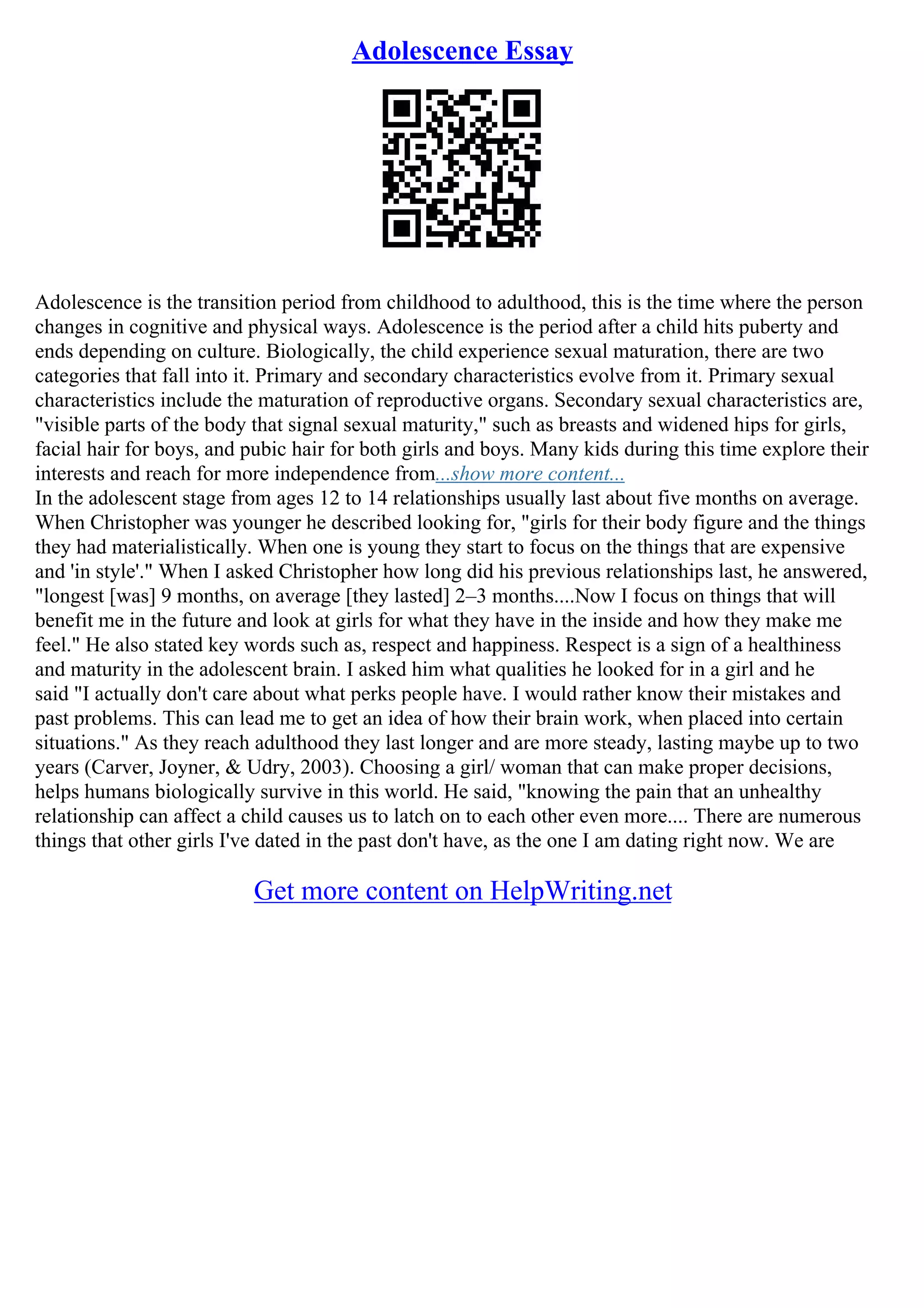 Adolescence Essay | PDF