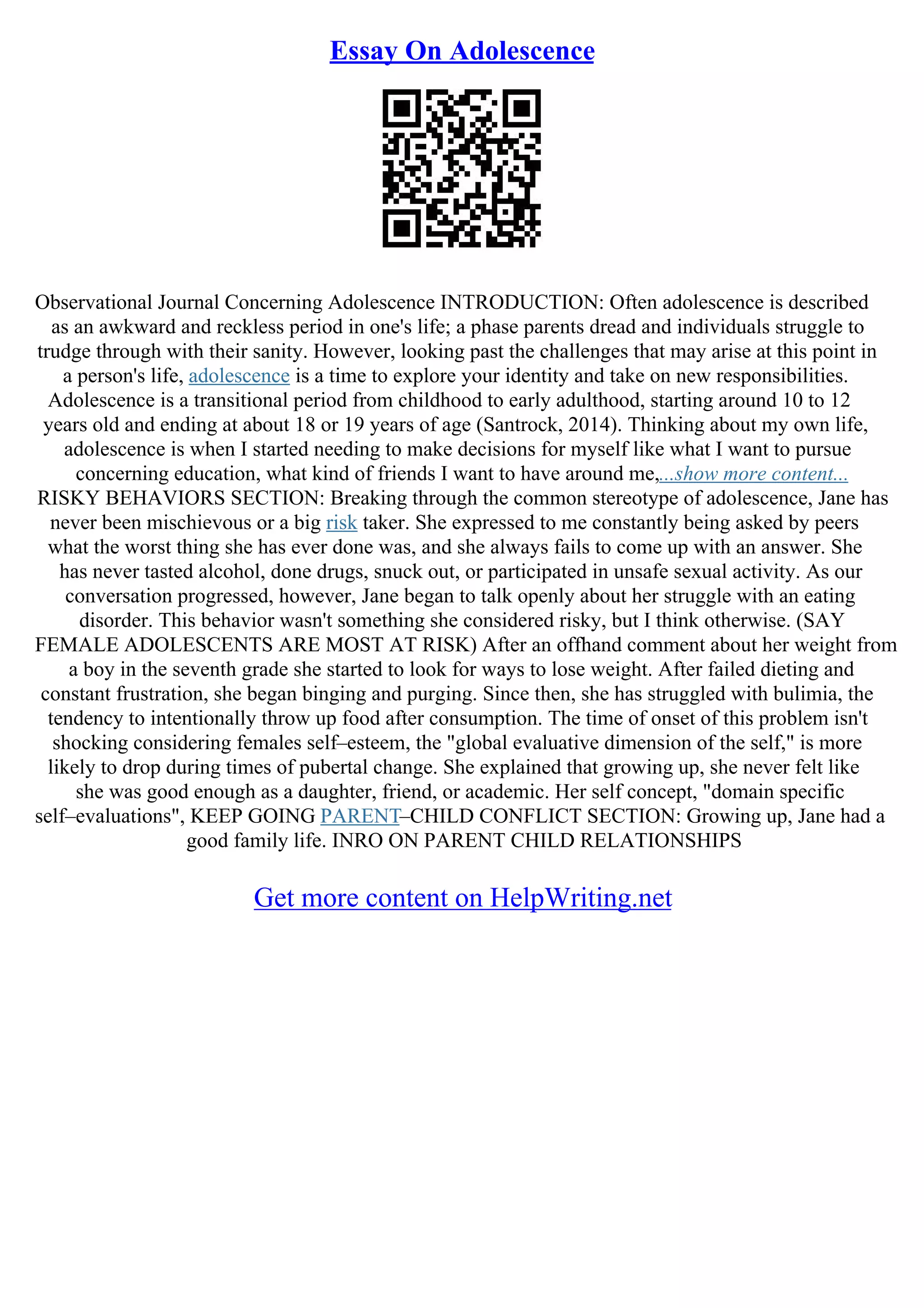 Adolescence Essay | PDF