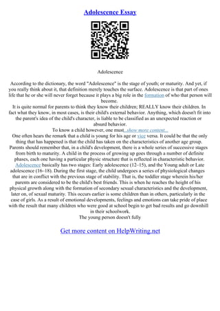 Adolescence Essay | PDF