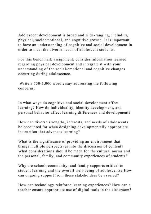 Adolescent development is broad and wide-ranging, including phys.docx