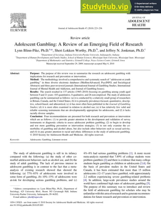 Adolescent Gambling A Review Of An Emerging Field Of Research | PDF