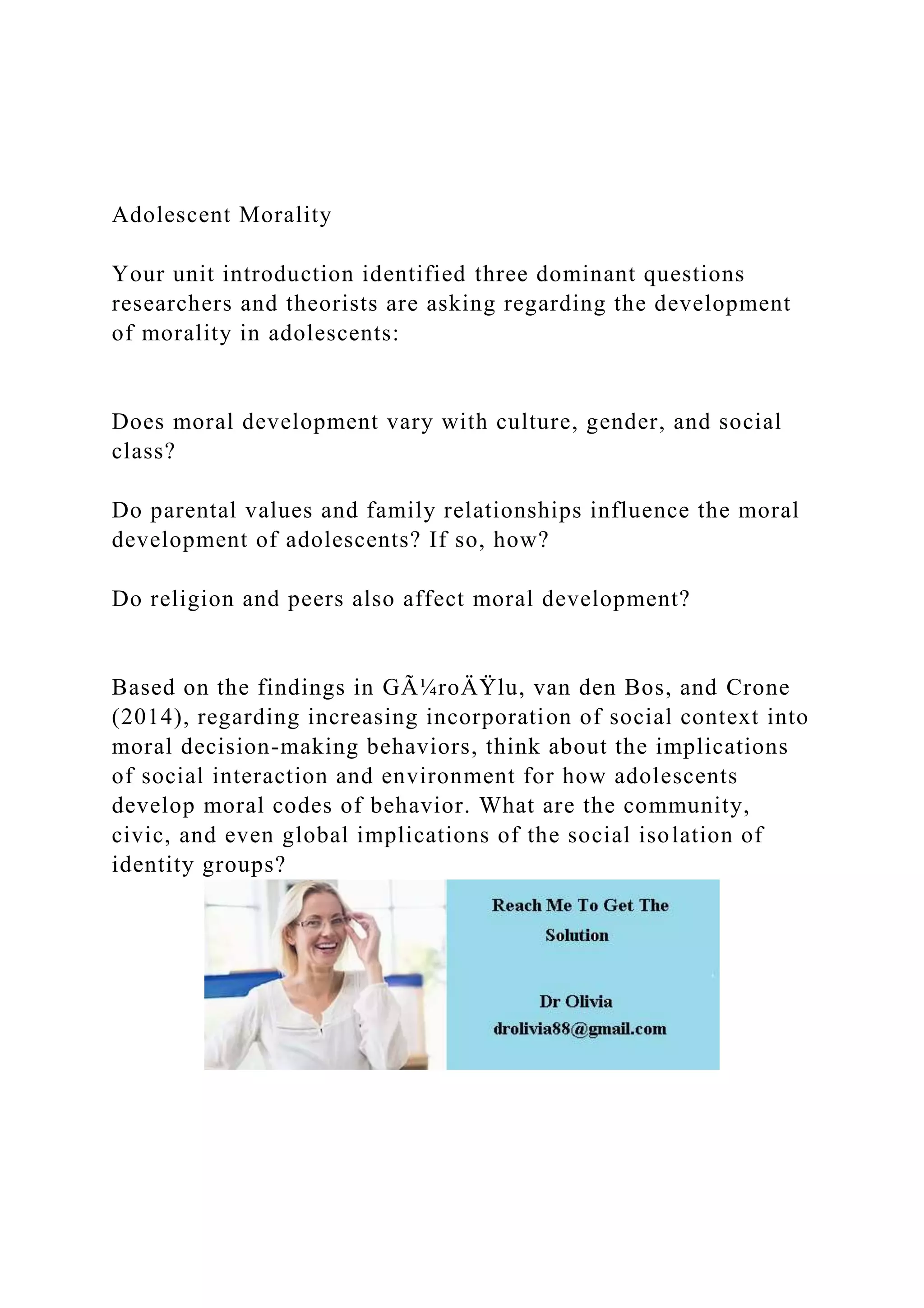 Adolescent MoralityYour unit introduction identified three d.docx