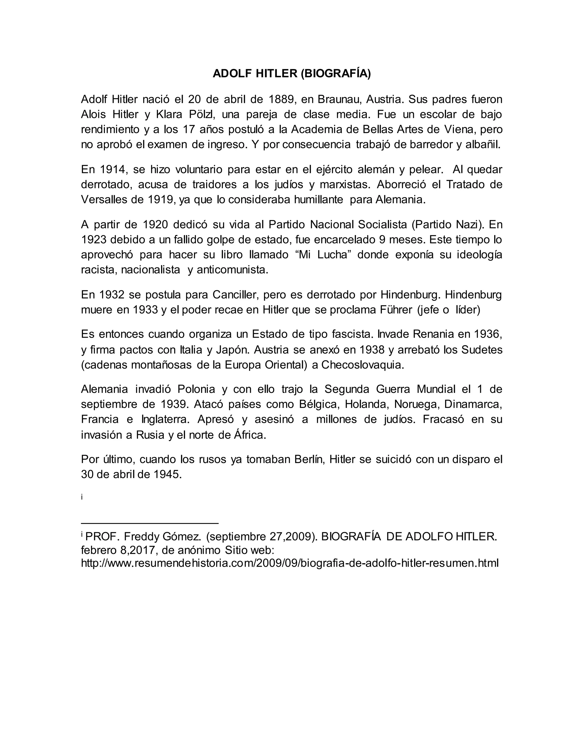 Biografía de Adolf Hitler (resumida) | DOCX