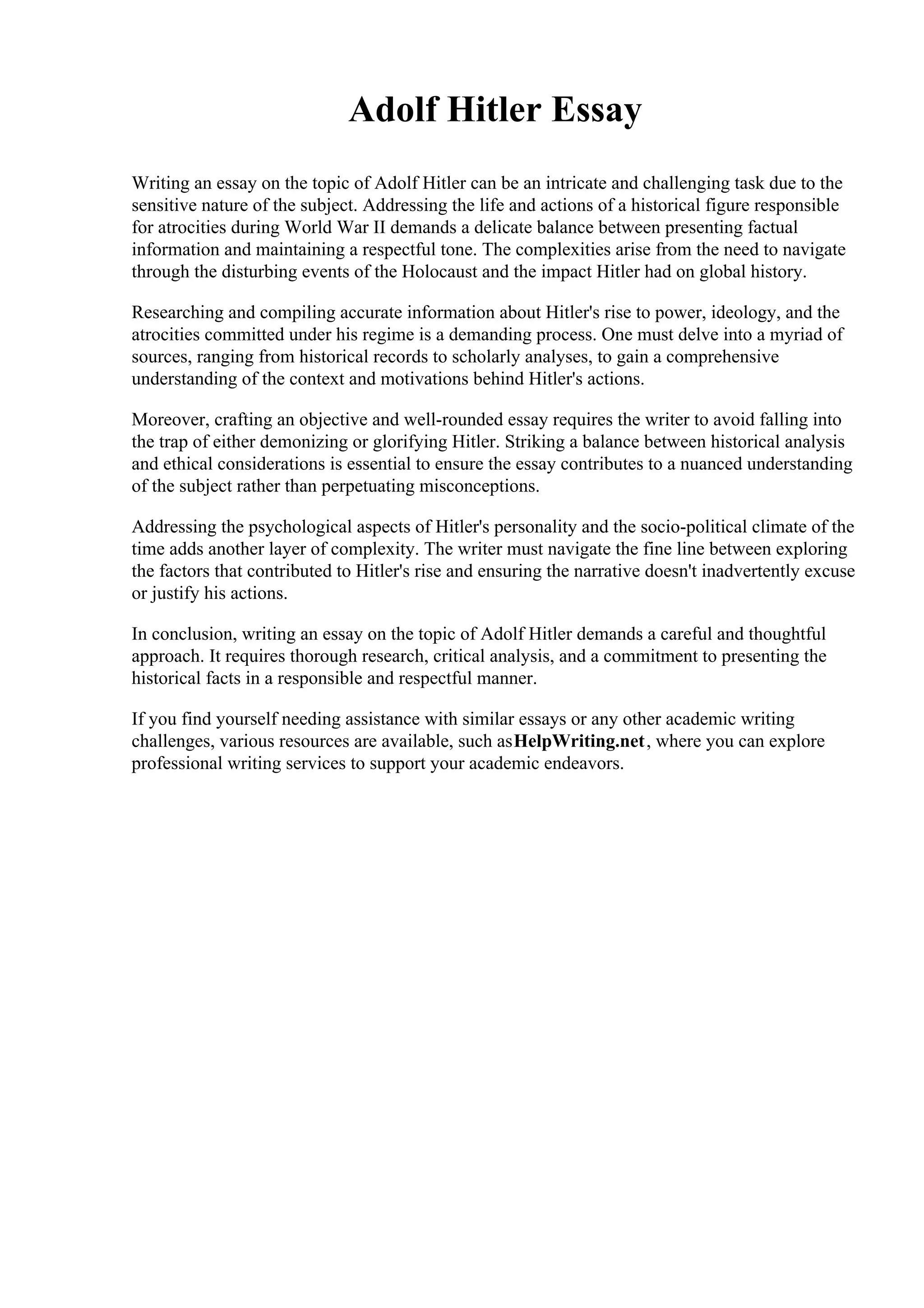 Adolf Hitler Essay. Mississippi State University | PDF