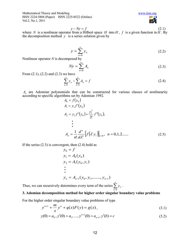 Adomian Decomposition Method For Solving Higher Order Boundary Value Problems Pdf Physics