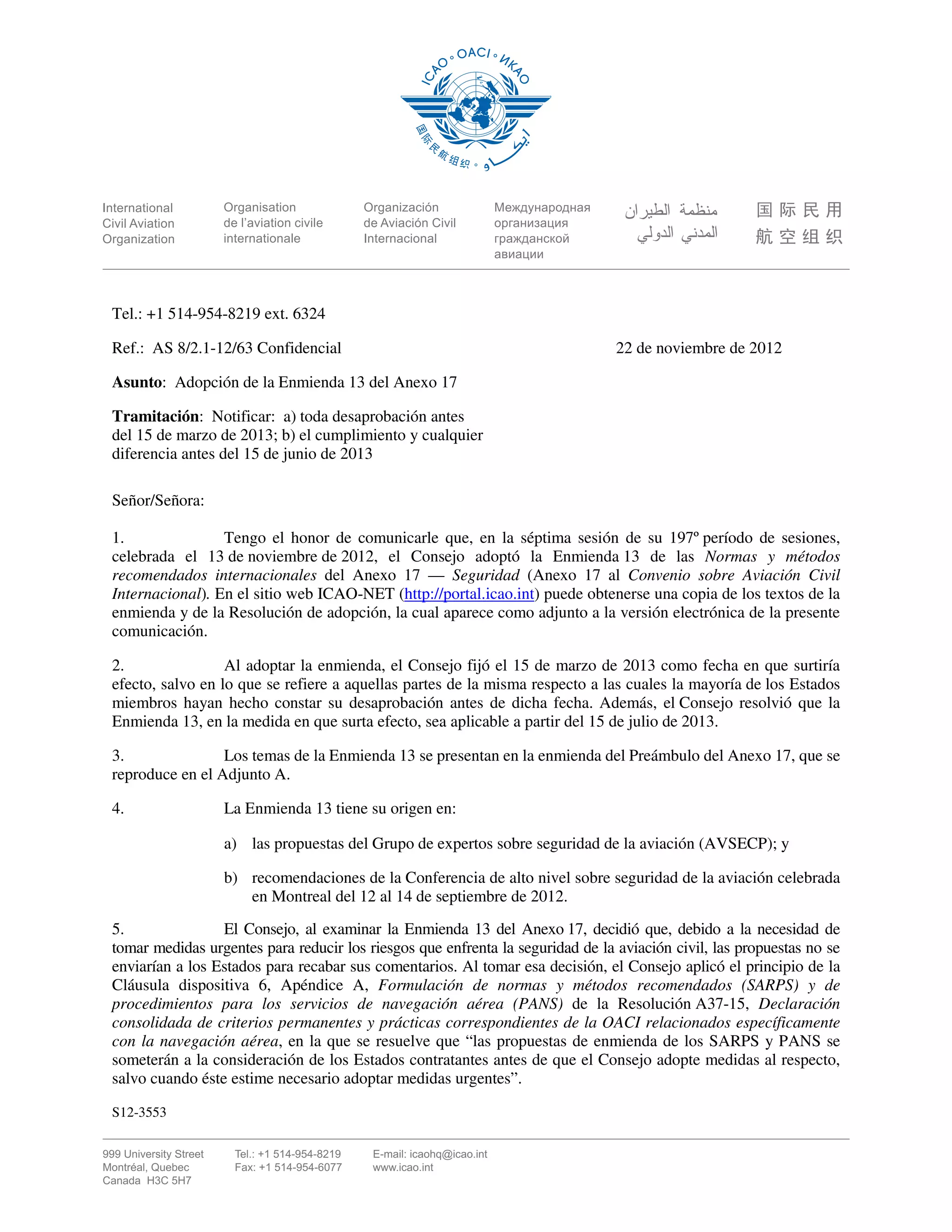 Adopción de la enmienda 13 anexo 17 | PDF