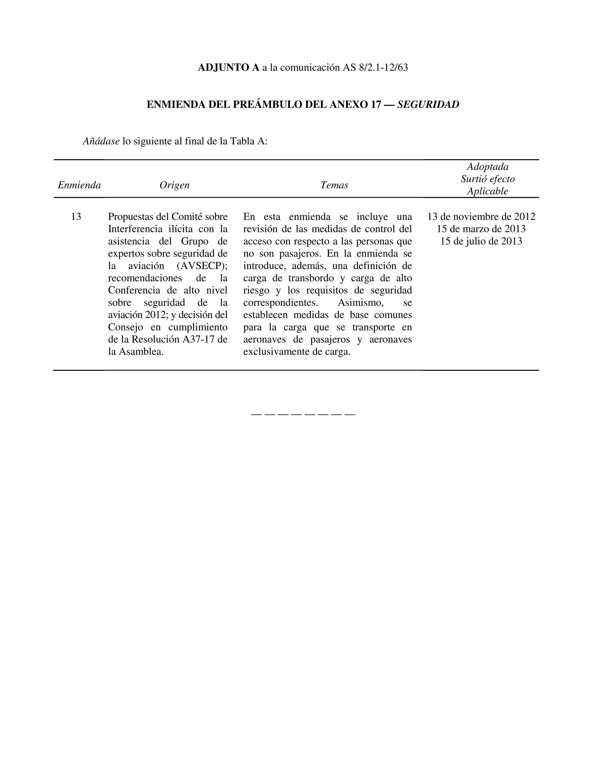 Adopción de la enmienda 13 anexo 17 | PDF