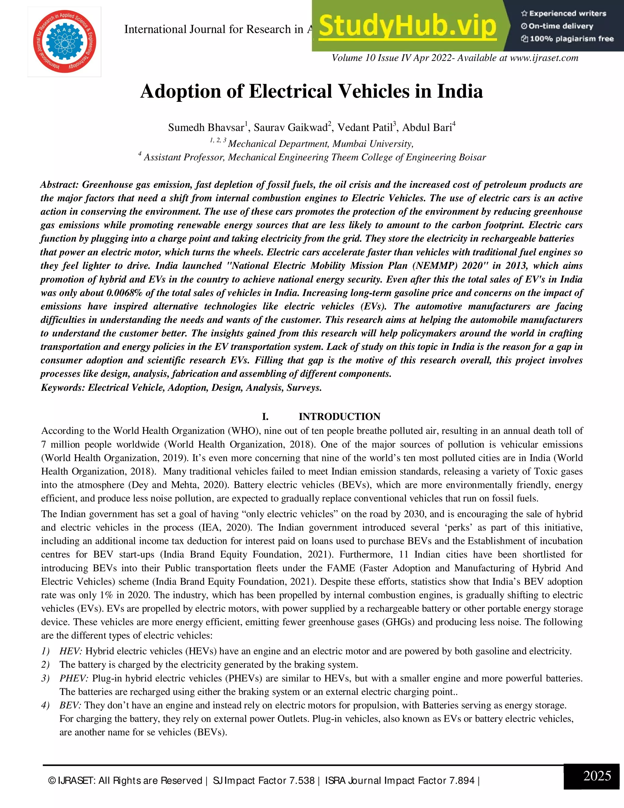 Adoption Of Electrical Vehicles In India | PDF