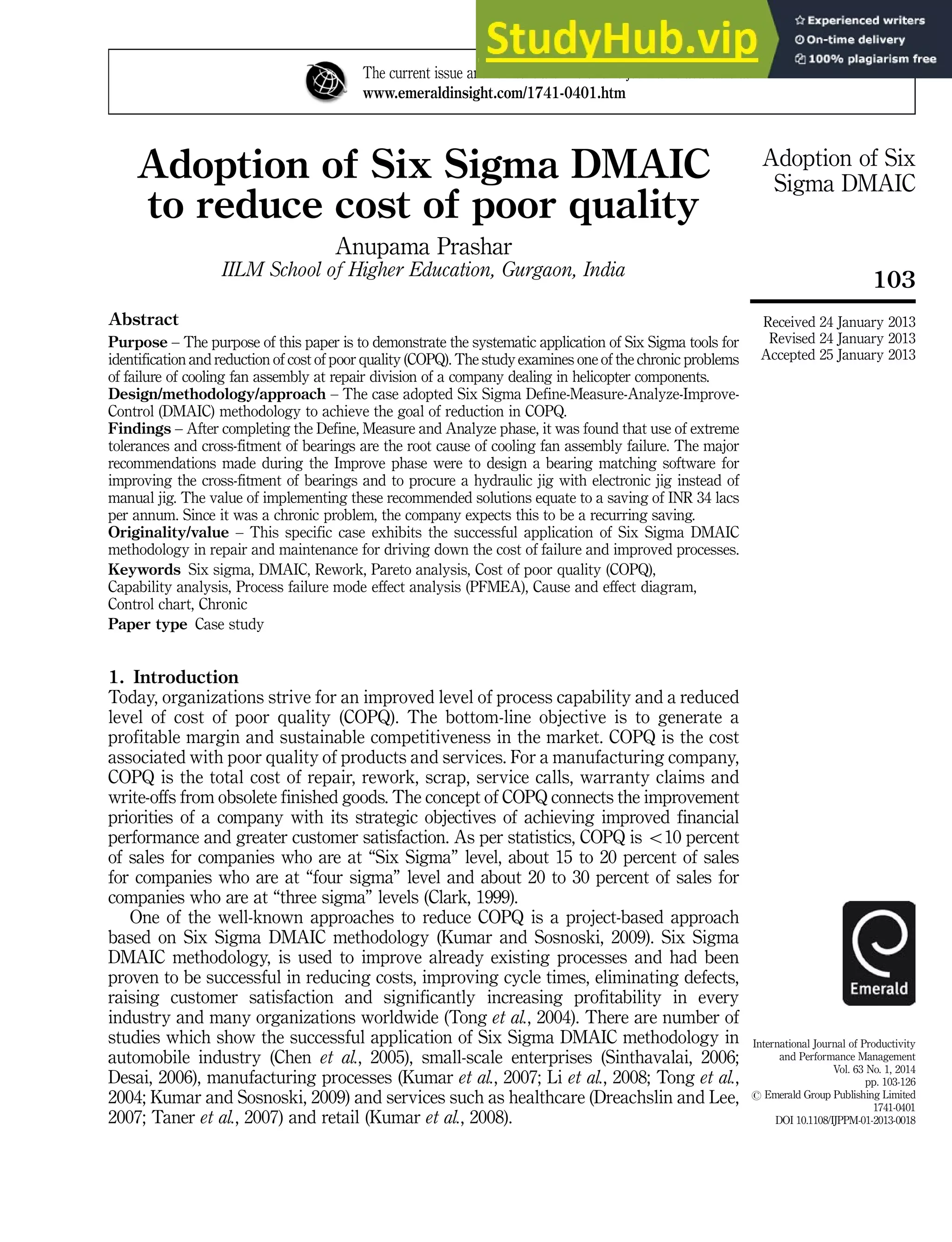 Adoption Of Six Sigma DMAIC To Reduce Cost Of Poor Quality | PDF