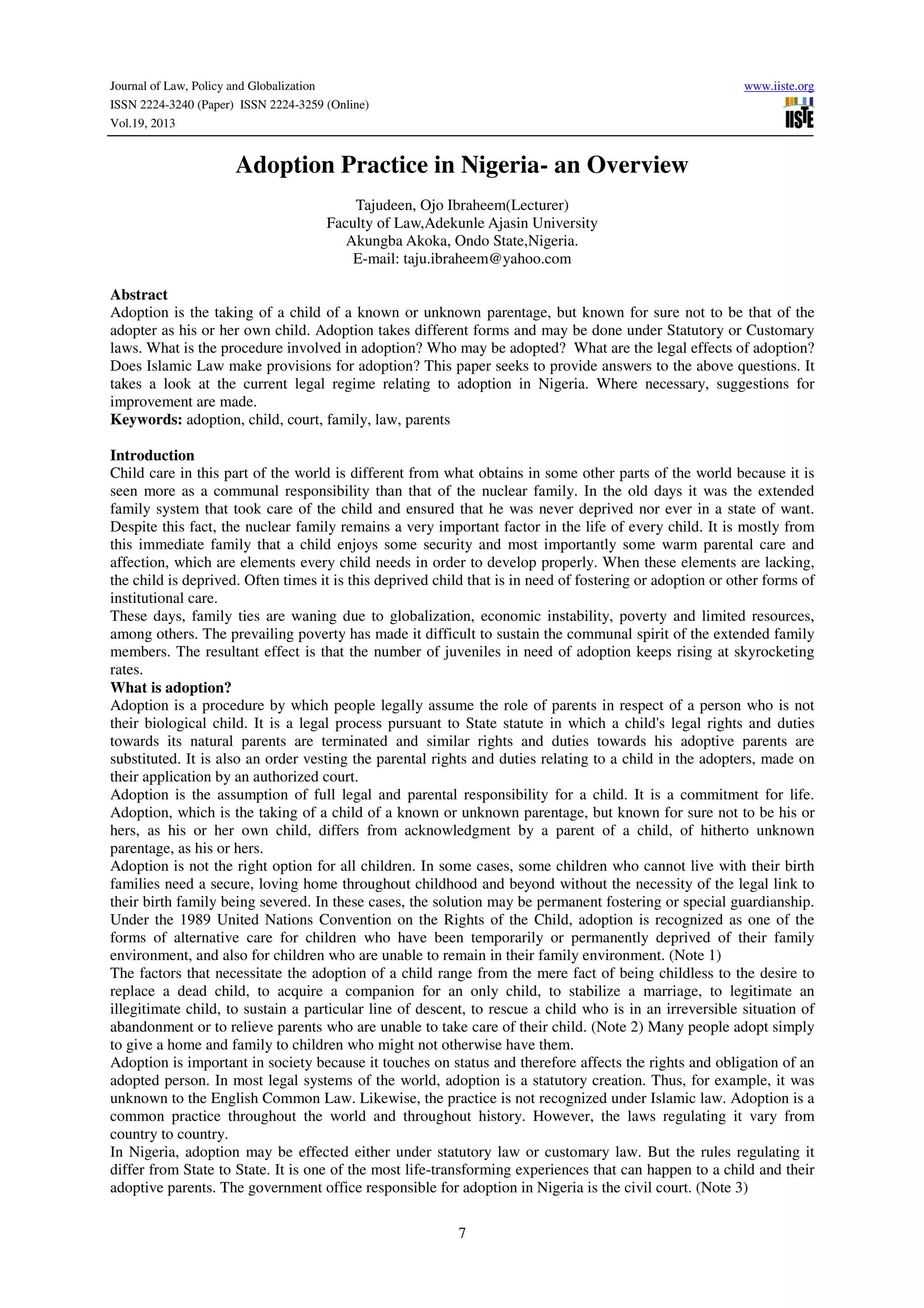 Adoption practice in nigeria an overview | PDF