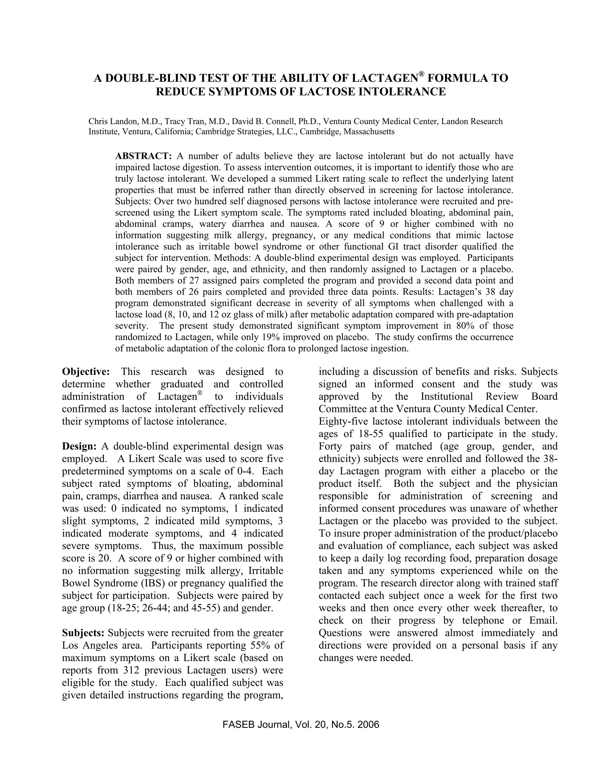 A Double Blind Test Of The Ability Of Lactagen® Formula To Reduce ...