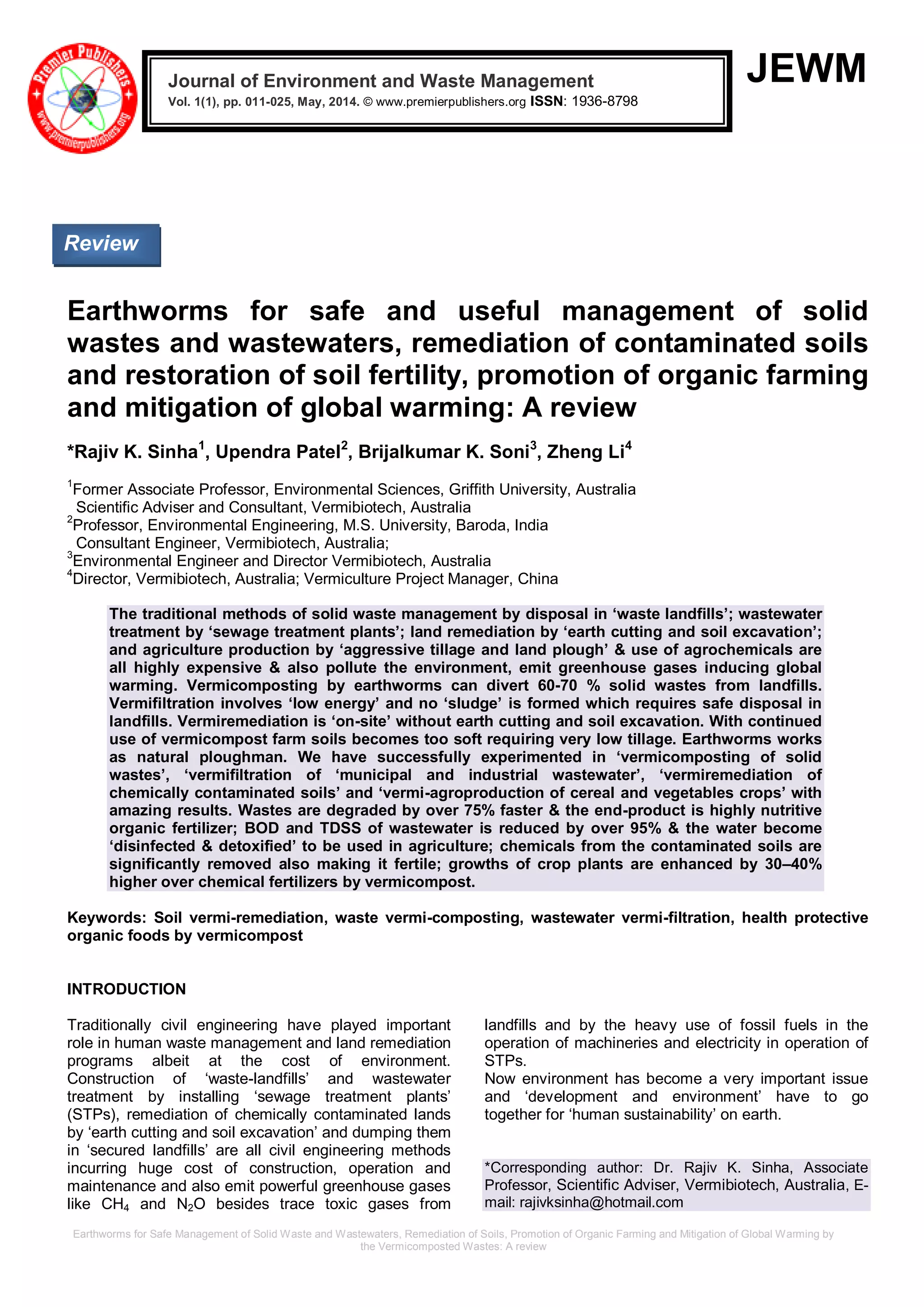 Earthworms for Safe and Useful Management of Solid Wastes and ...