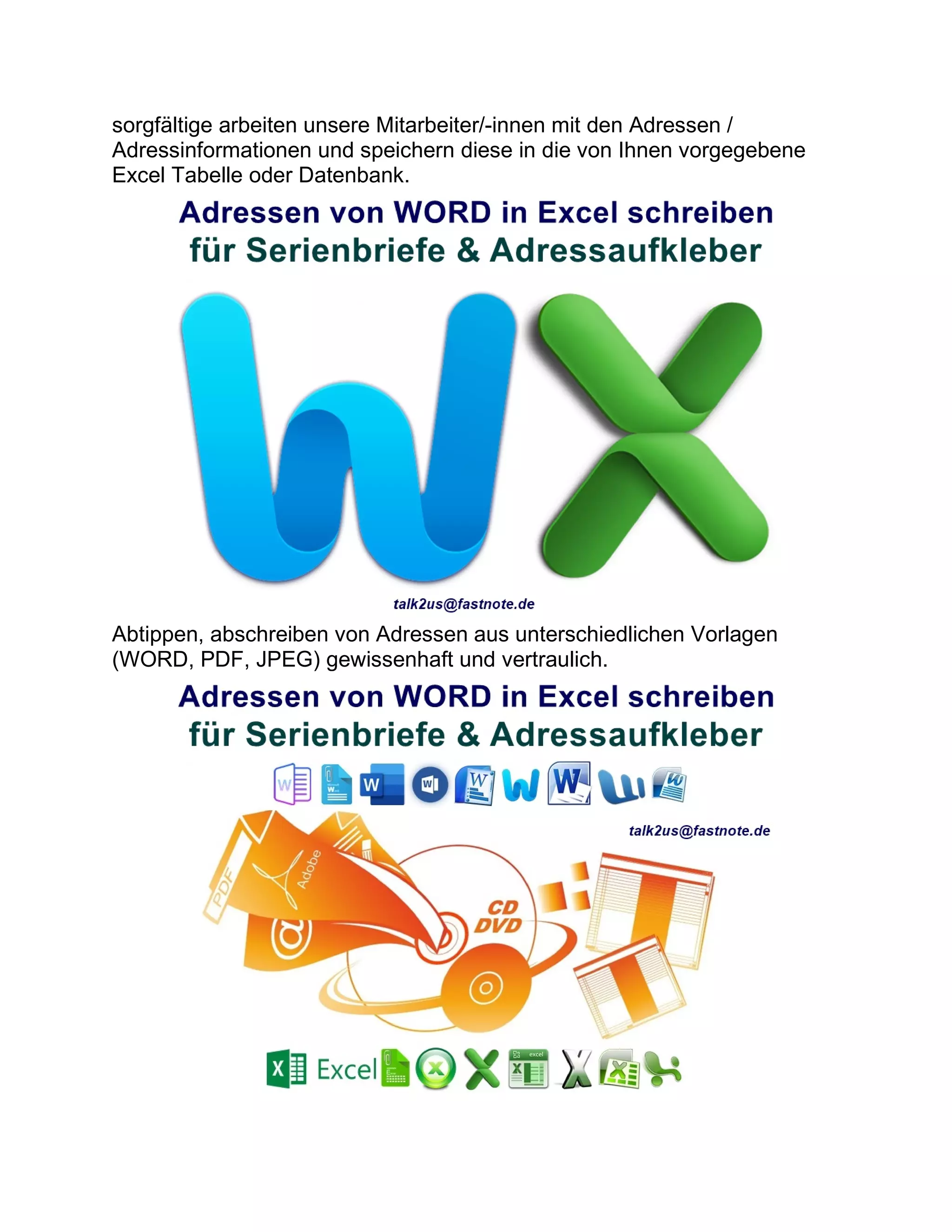 Adressen von WORD Datei in Excel Tabelle schreiben Adresserfassung | PDF