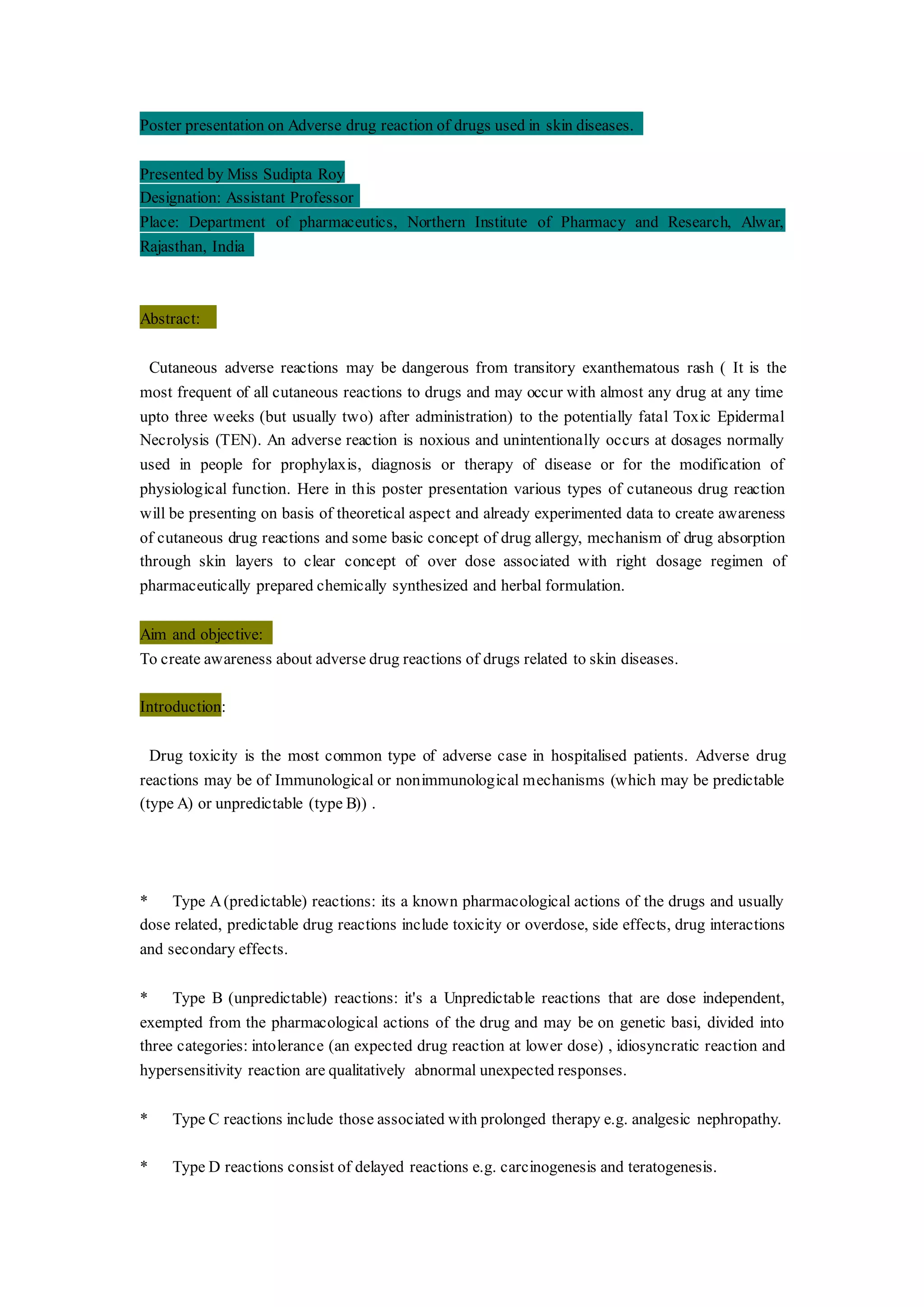 Adverse drug reaction of drugs used in skin. | DOC