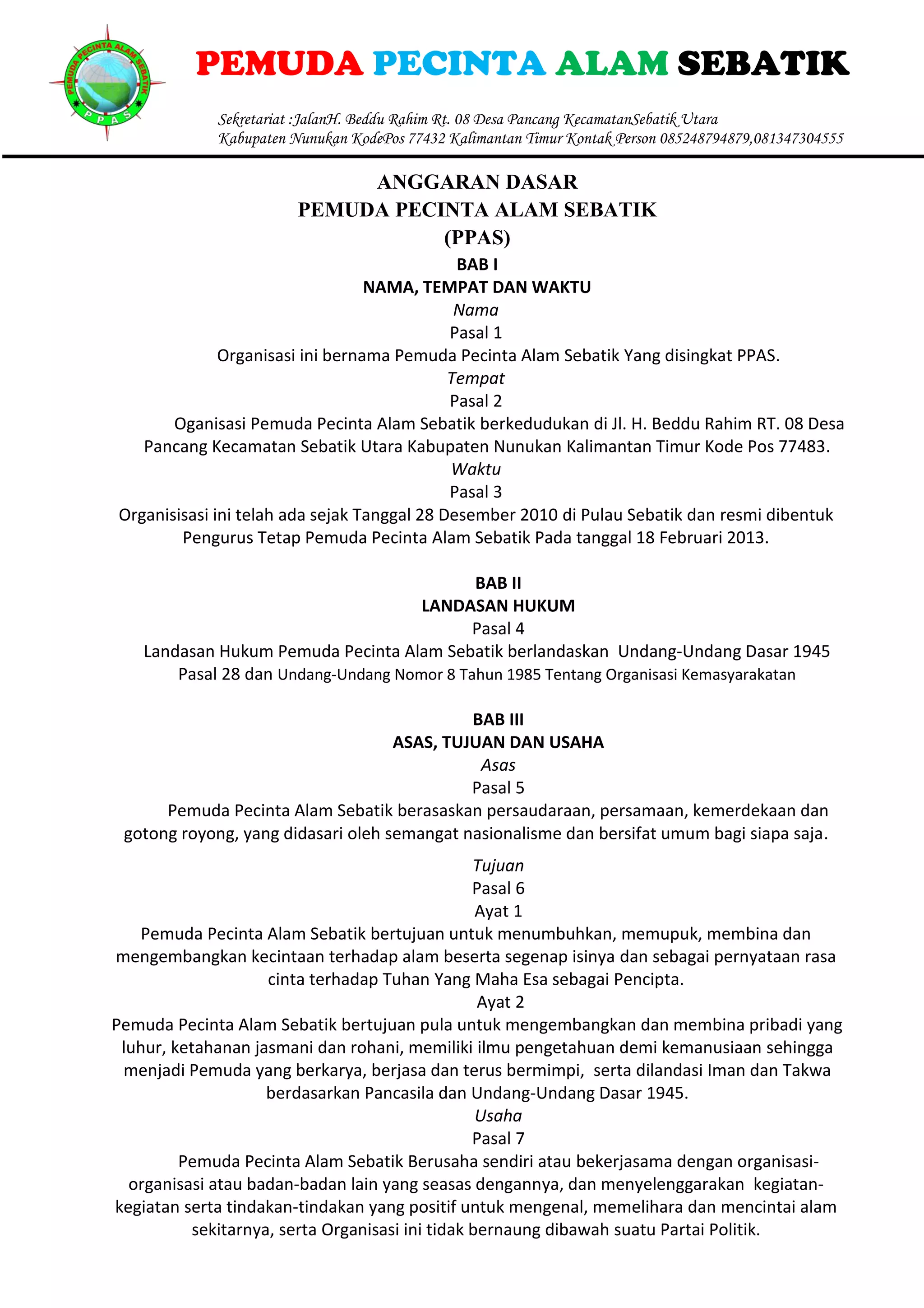 AD & RT PPAS (PEMUDA PECINTA ALAM SEBATIK) | PDF