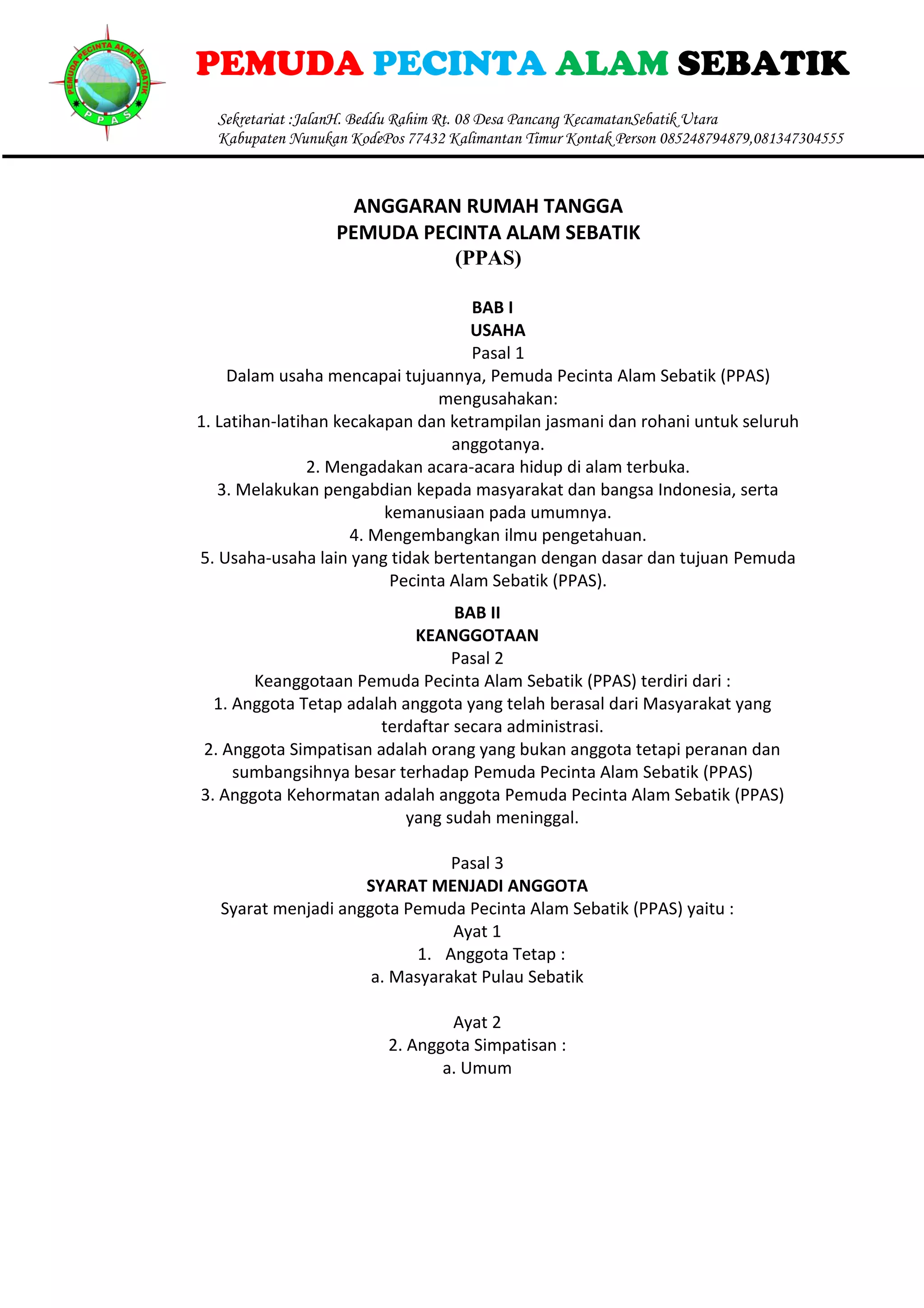 AD & RT PPAS (PEMUDA PECINTA ALAM SEBATIK) | PDF