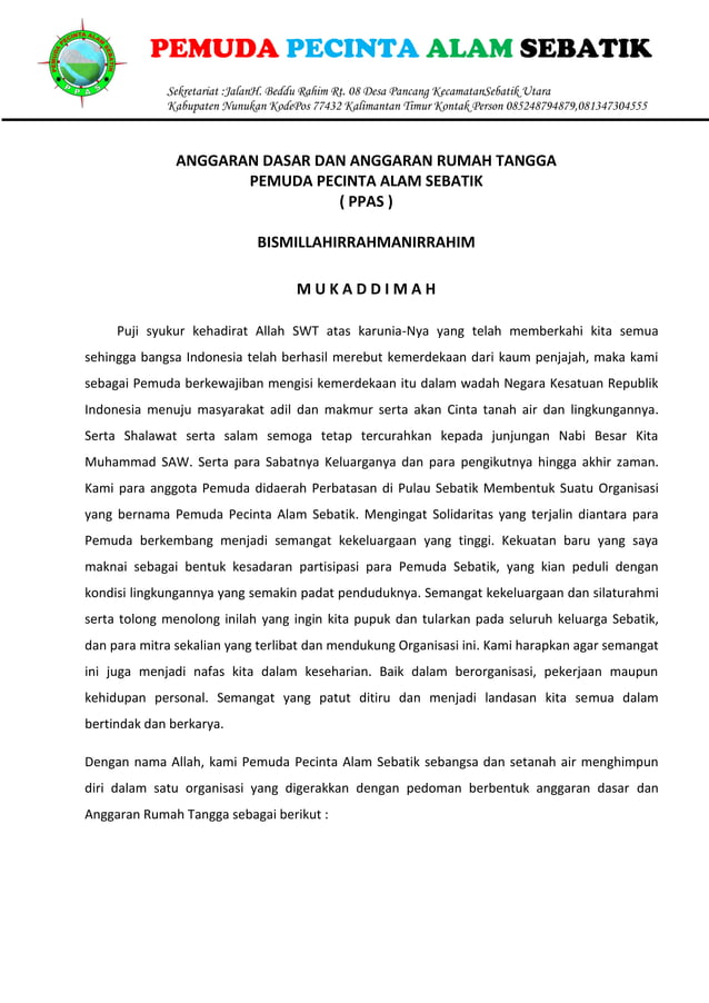 AD & RT PPAS (PEMUDA PECINTA ALAM SEBATIK) | PDF