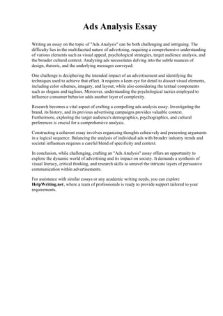 Ads Analysis Essay. Holy Family University | PDF