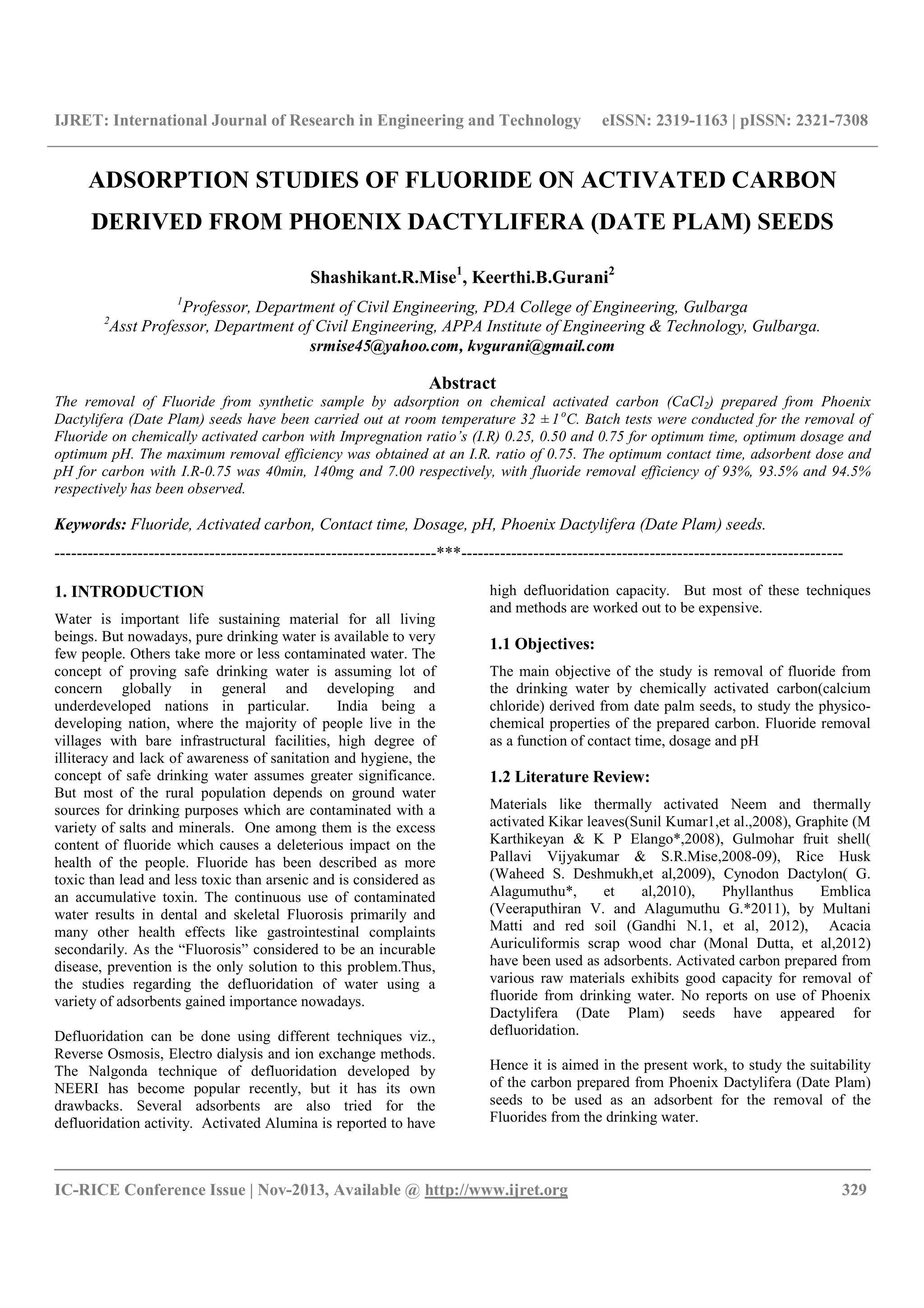 Adsorption studies of fluoride on activated carbon derived from phoenix ...