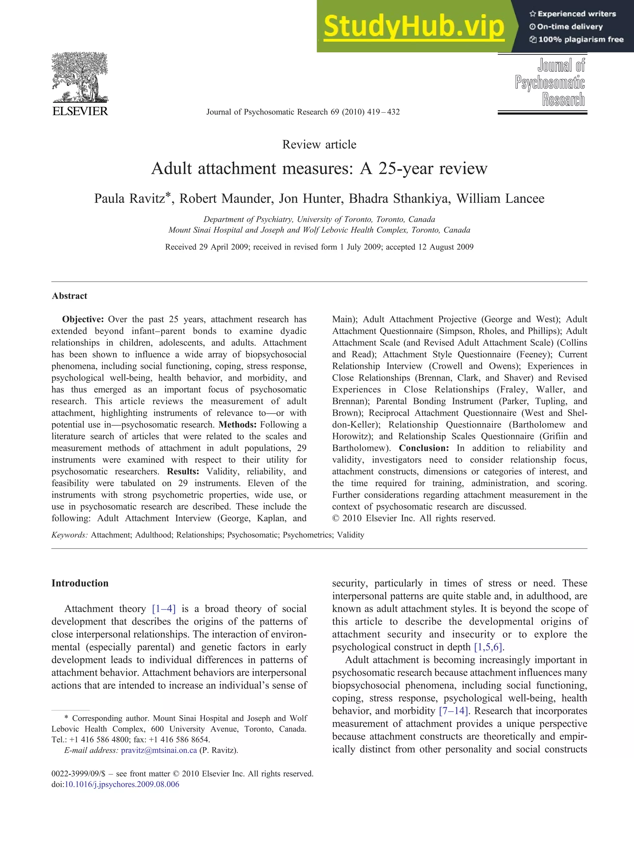 Adult Attachment Measures A 25-Year Review | PDF