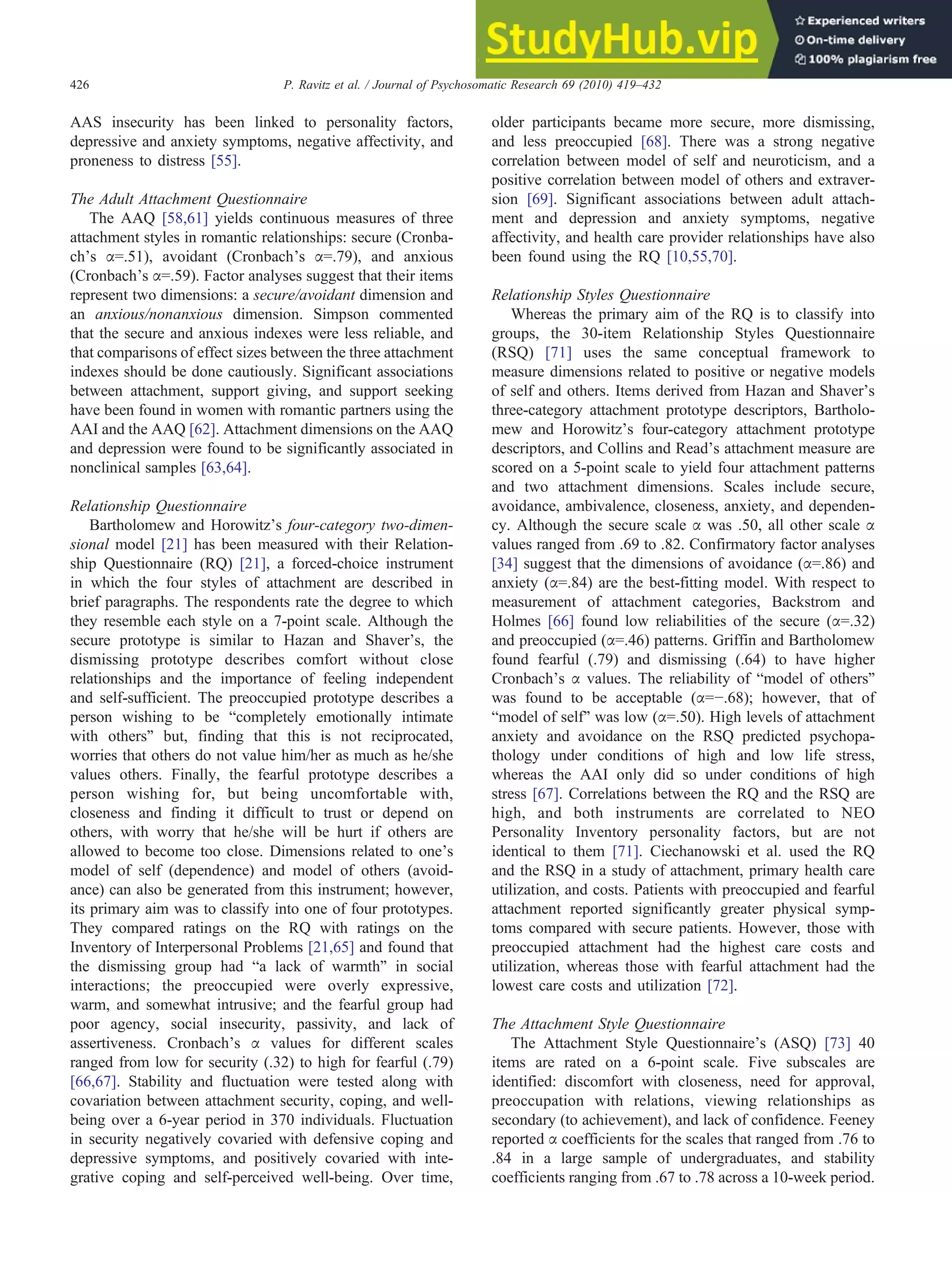 Adult Attachment Measures A 25-Year Review | PDF