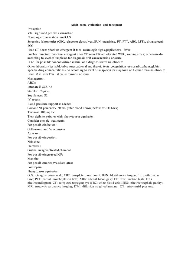 Adult coma evaluation and treatment | PDF