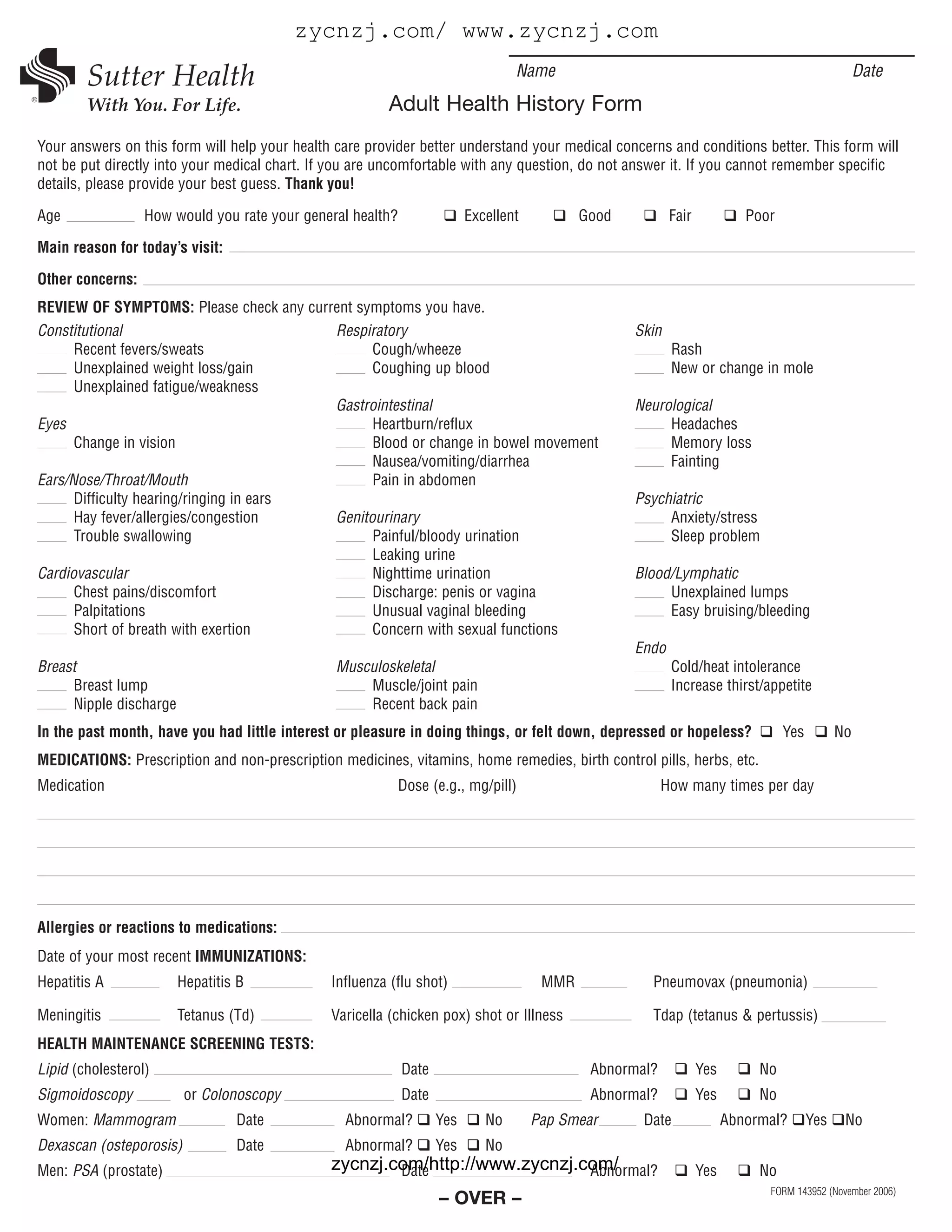 Adult health history form | PDF