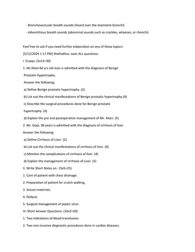 Mgr university bsc nursing adult health previous question paper with ...