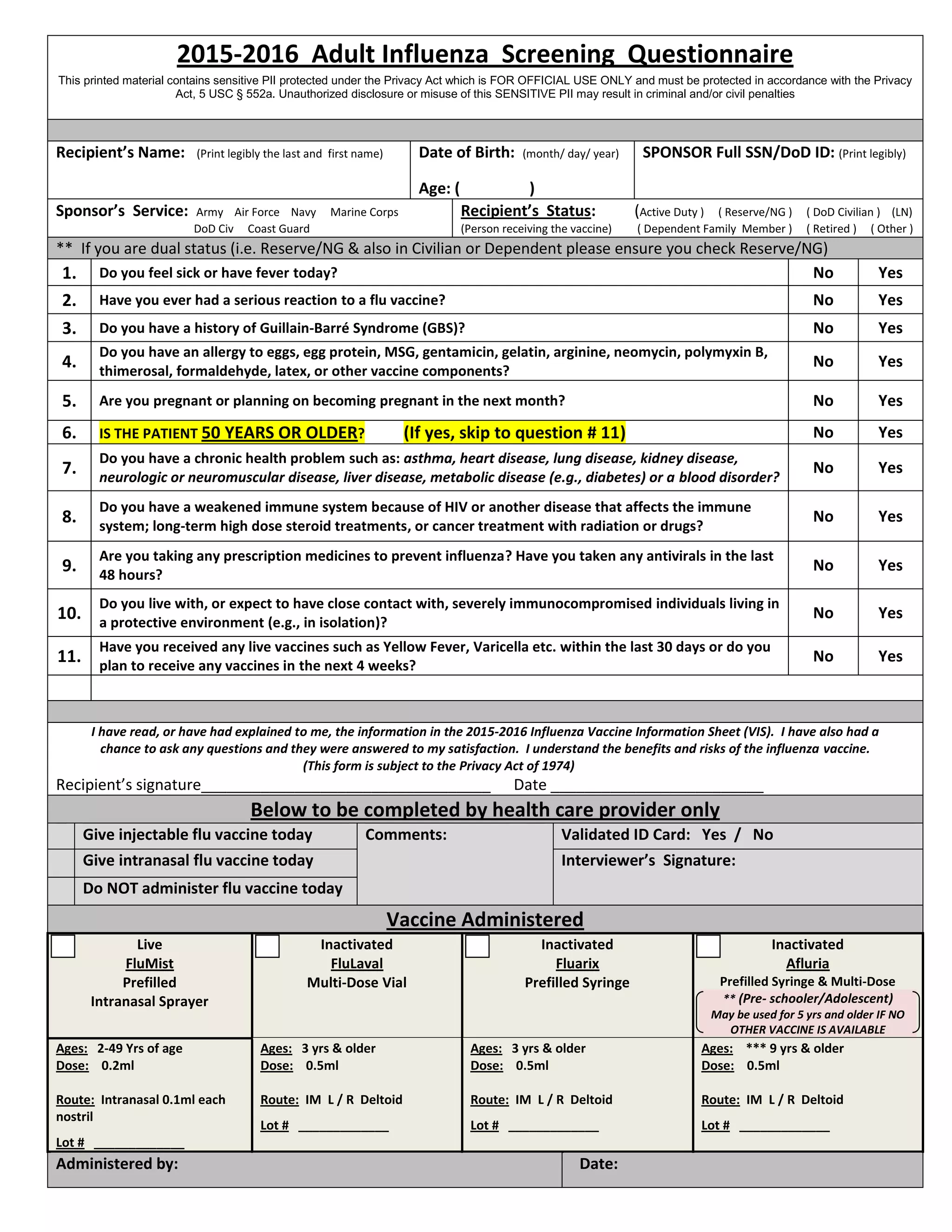 2015-2016 Adult Influenza Screening Questionnaire | PDF