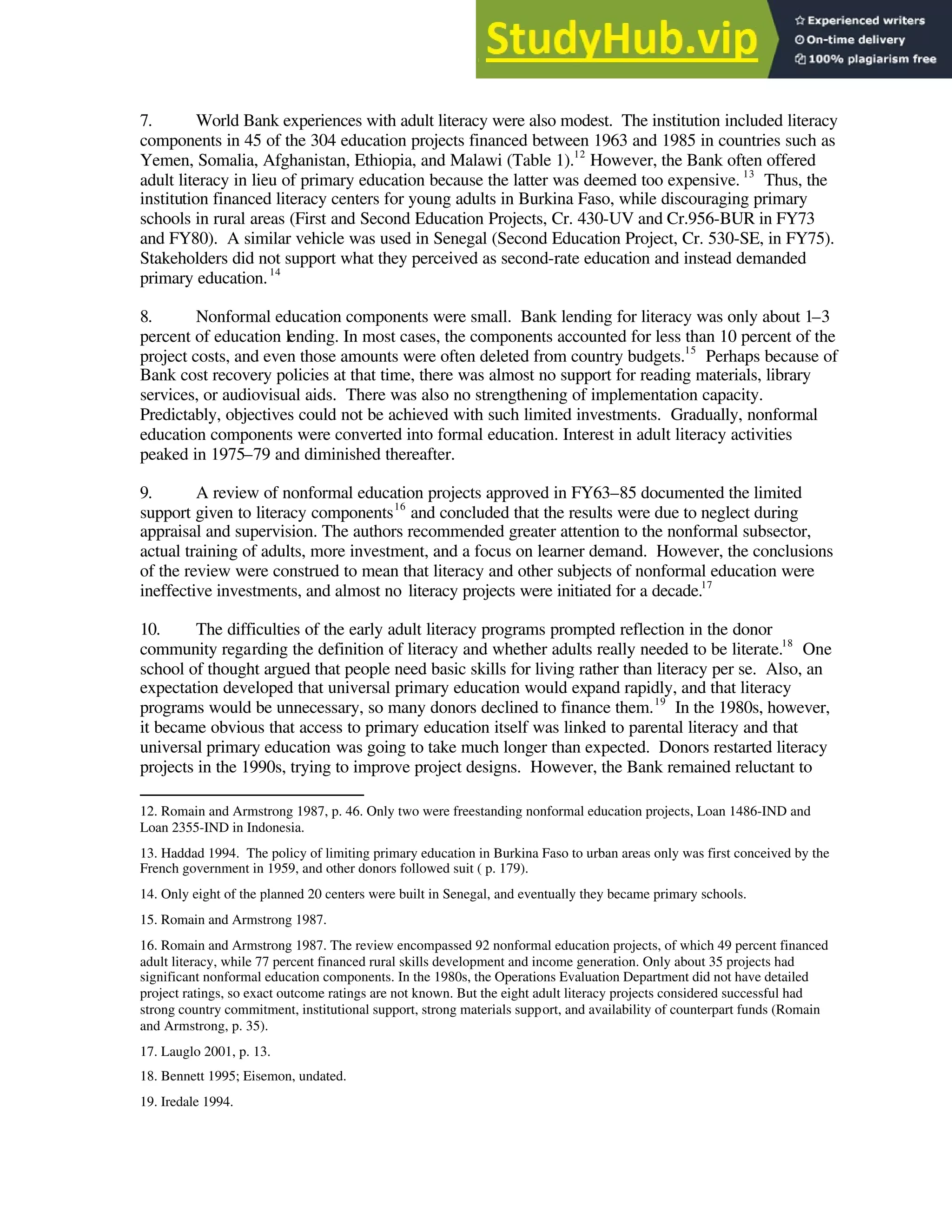 Adult Literacy A Review Of Implementation Experience | PDF