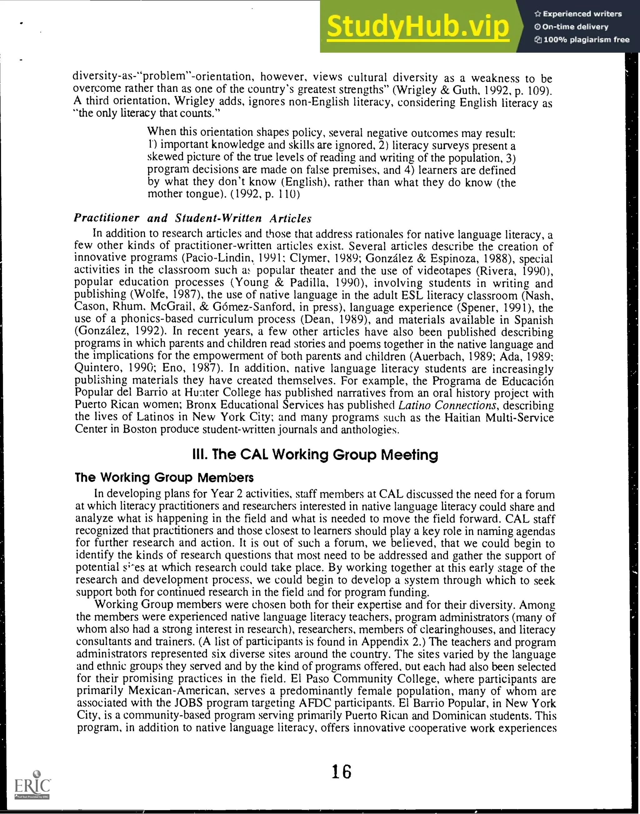 Adult Native Language Literacy A Synthesis and Plan for Research and ...