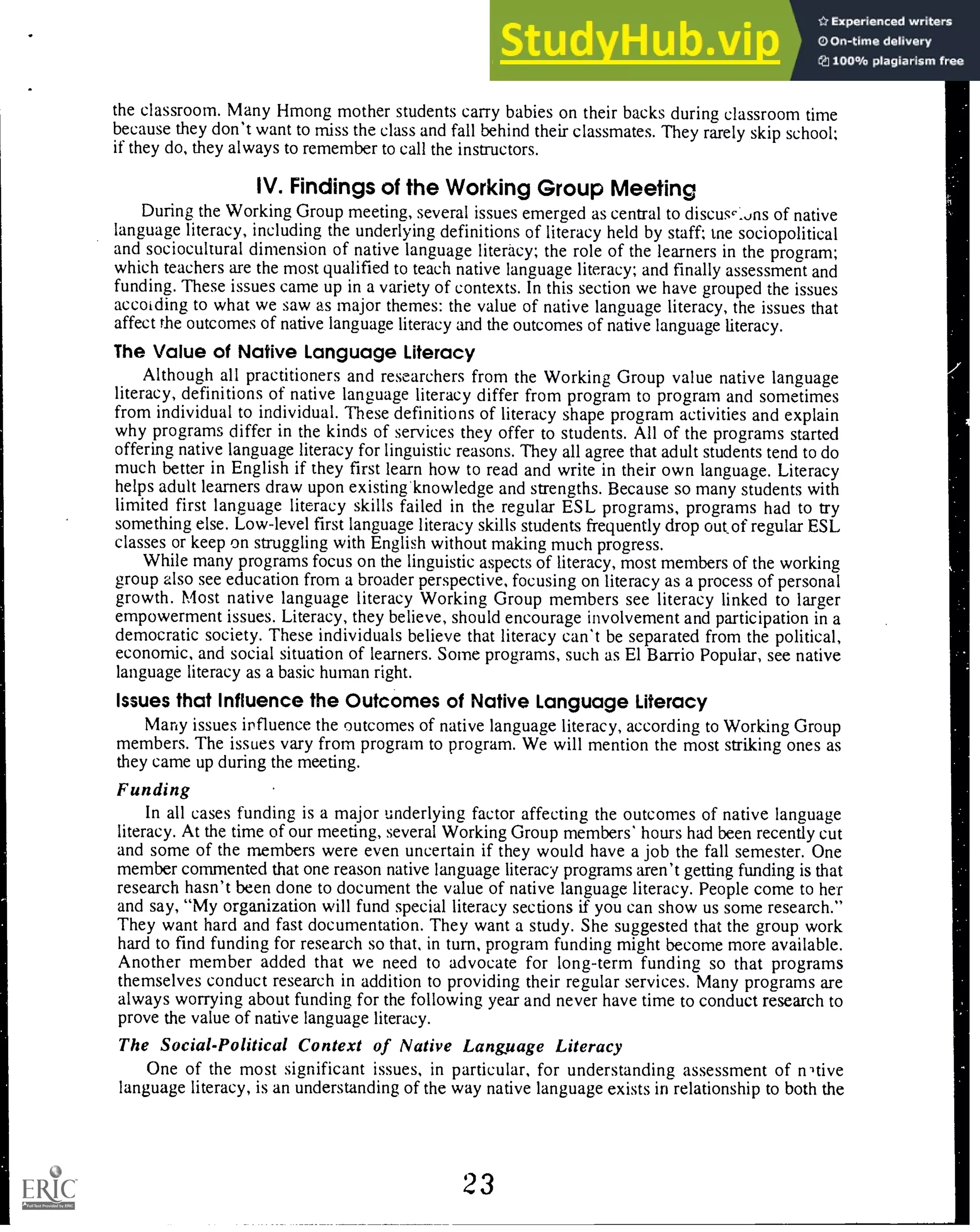 Adult Native Language Literacy A Synthesis and Plan for Research and ...