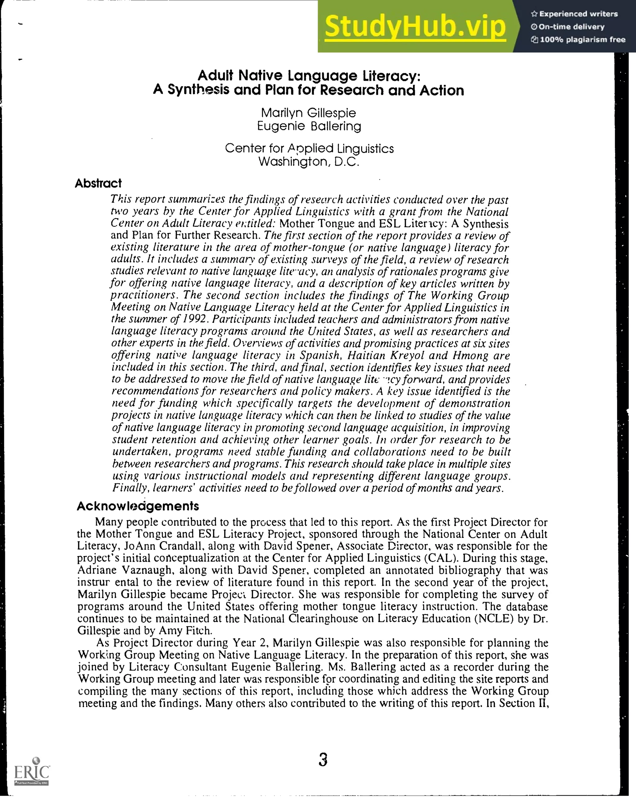 Adult Native Language Literacy A Synthesis and Plan for Research and ...