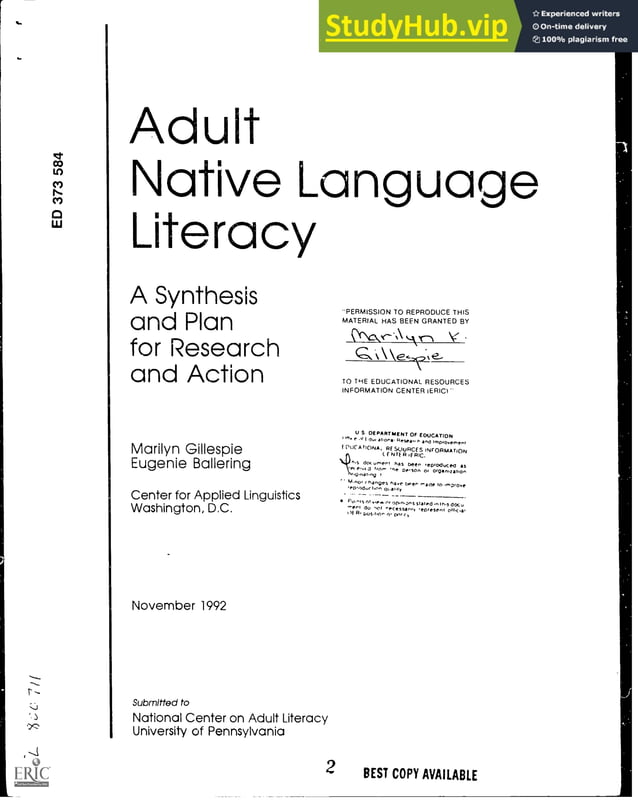 Adult Native Language Literacy A Synthesis and Plan for Research and ...