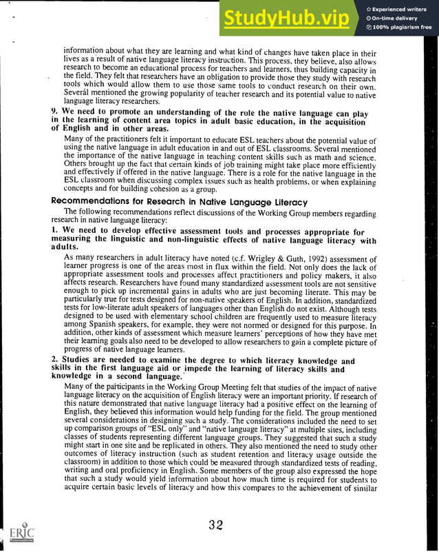 Adult Native Language Literacy A Synthesis and Plan for Research and ...