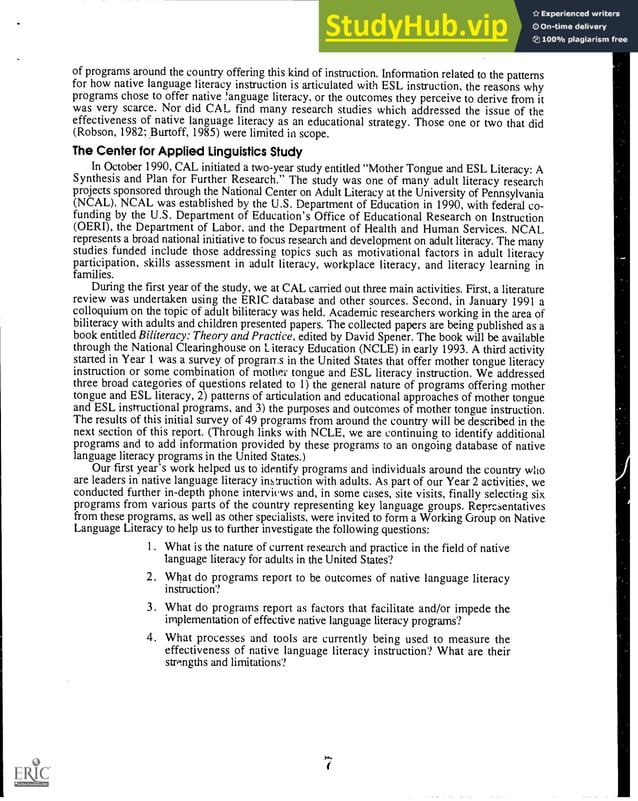 Adult Native Language Literacy A Synthesis and Plan for Research and ...