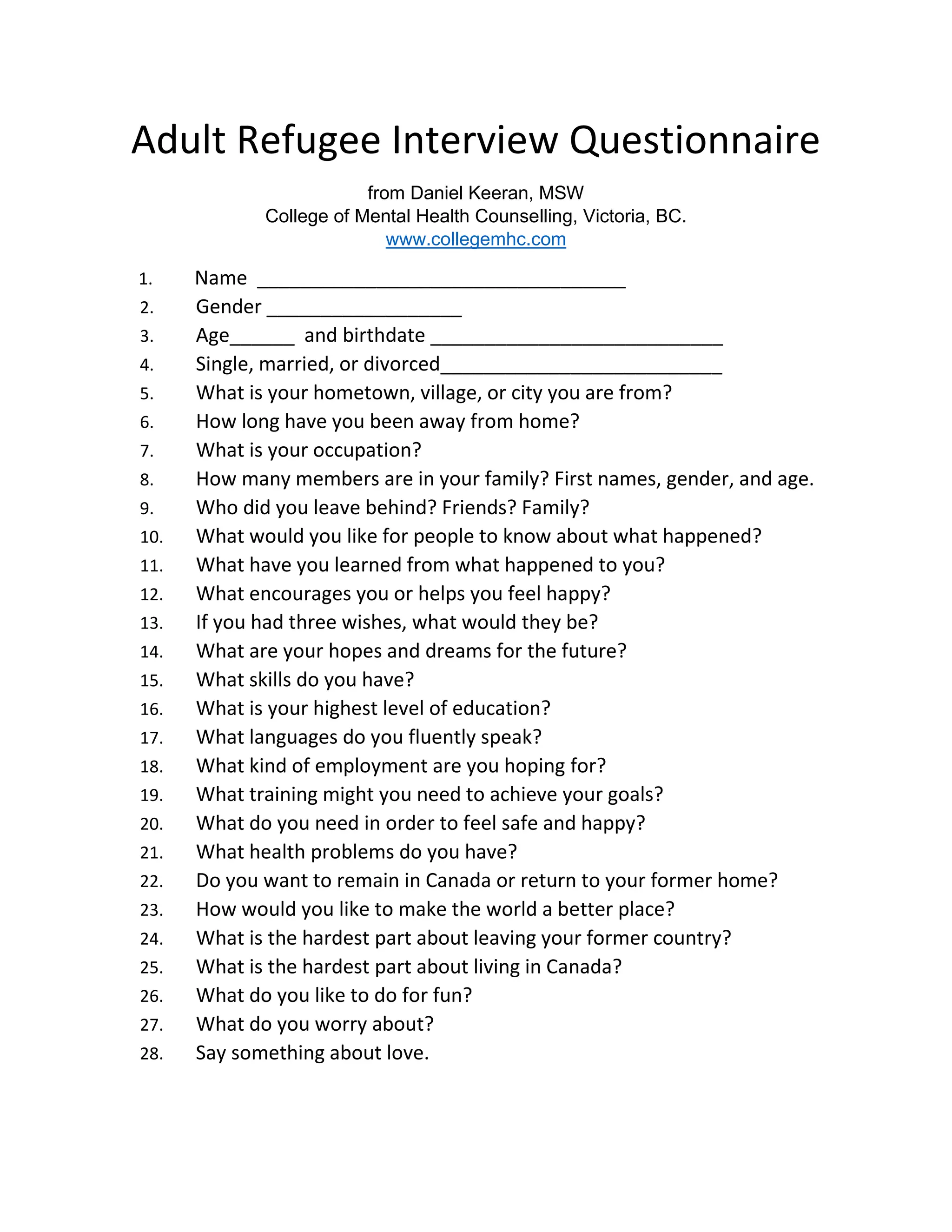 Refugee Interview Questionnaire | PDF