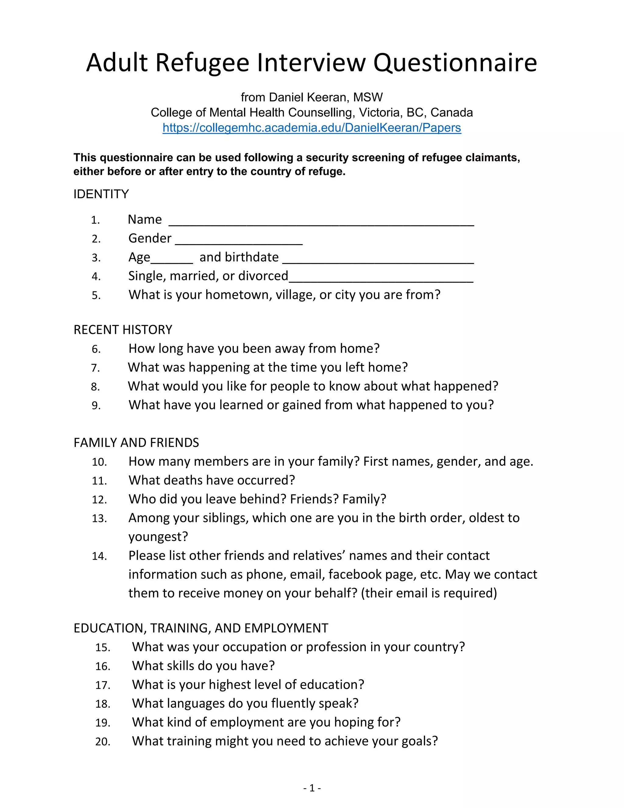 Adult Refugee Interview Questionnaire | PDF
