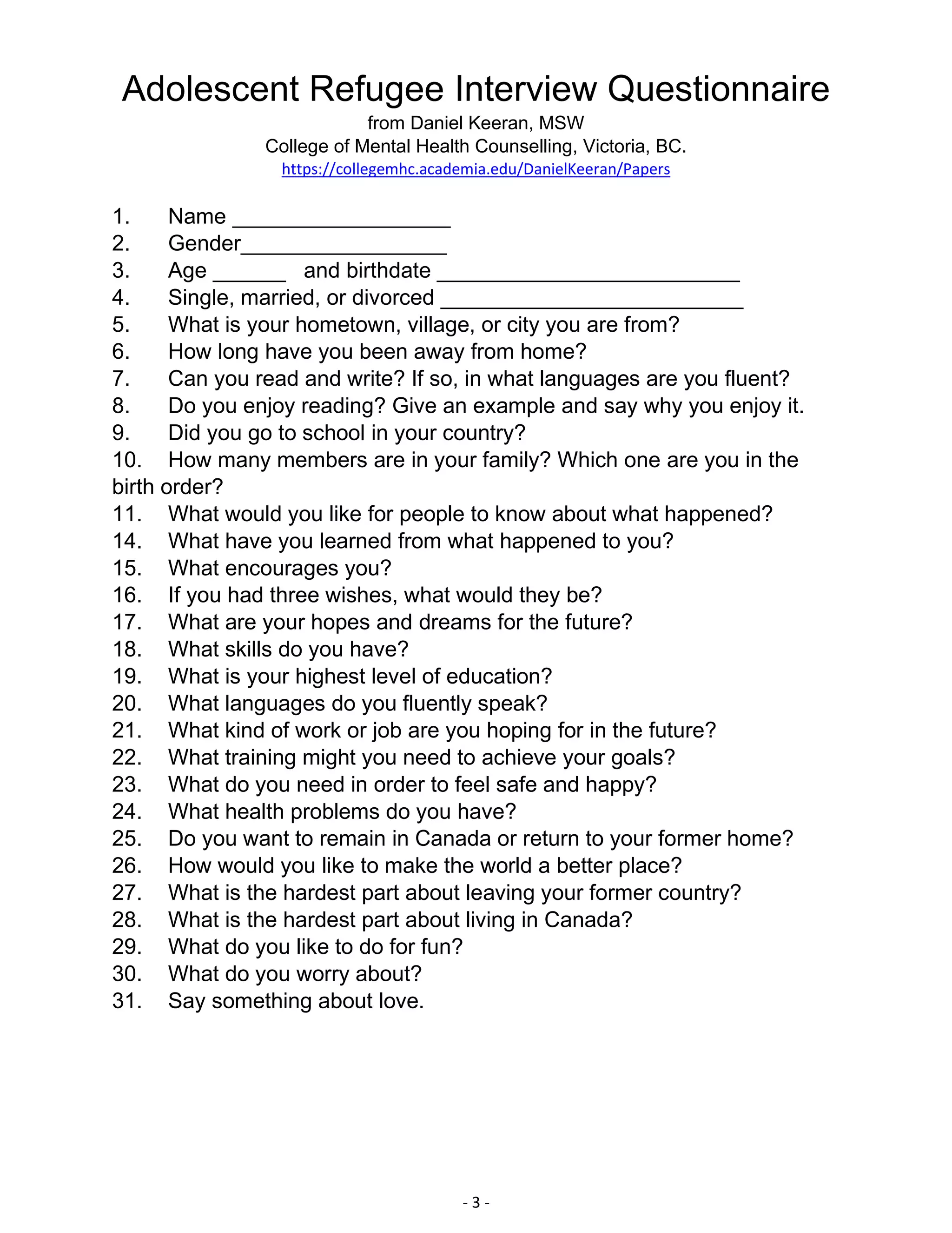 Adult Refugee Interview Questionnaire | PDF