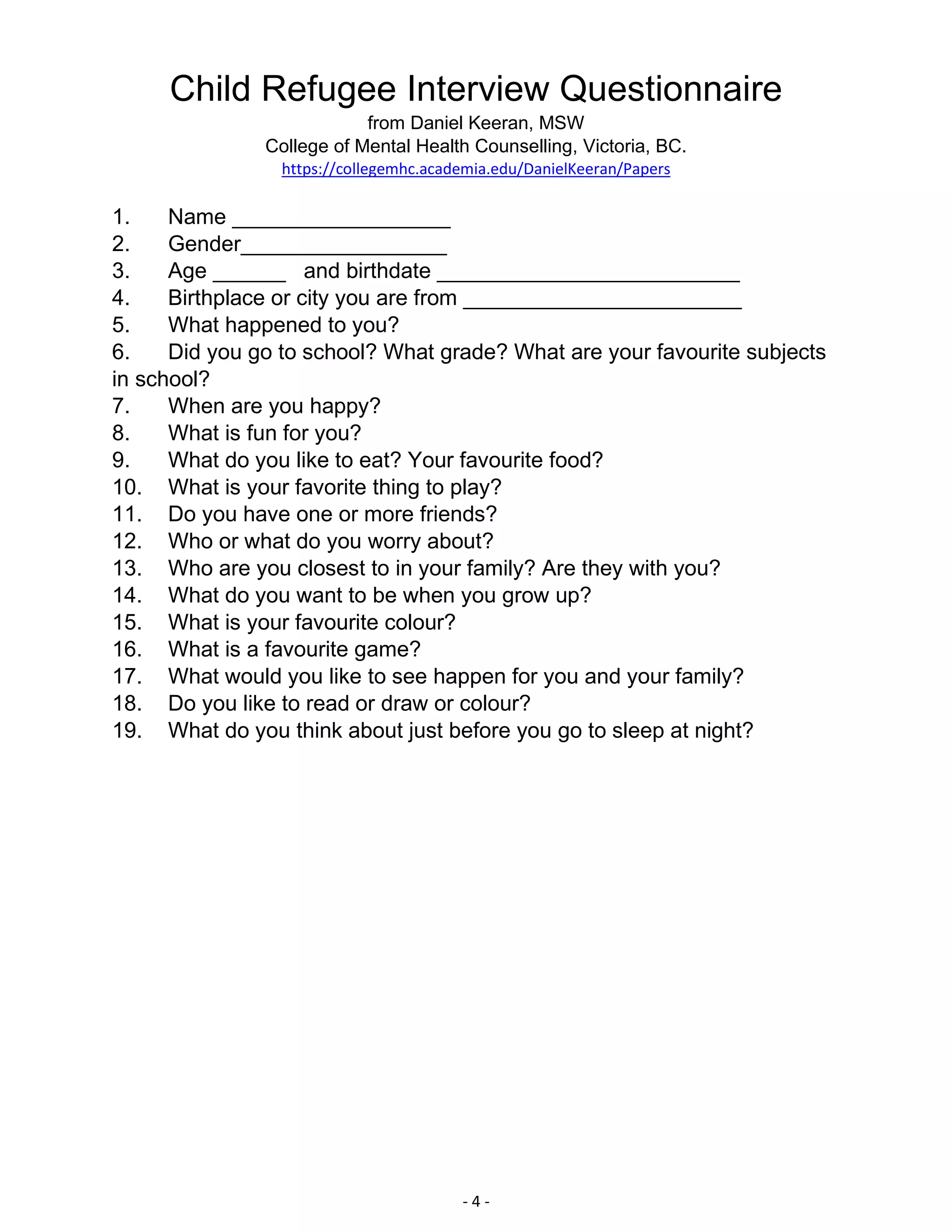 Adult Refugee Interview Questionnaire | PDF