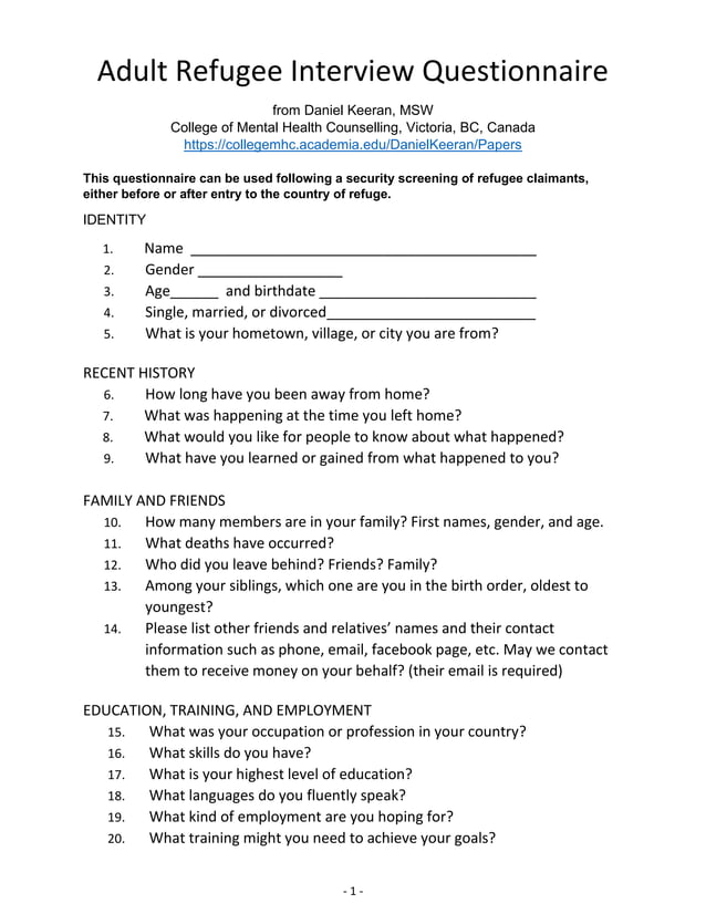 Adult Refugee Interview Questionnaire | PDF