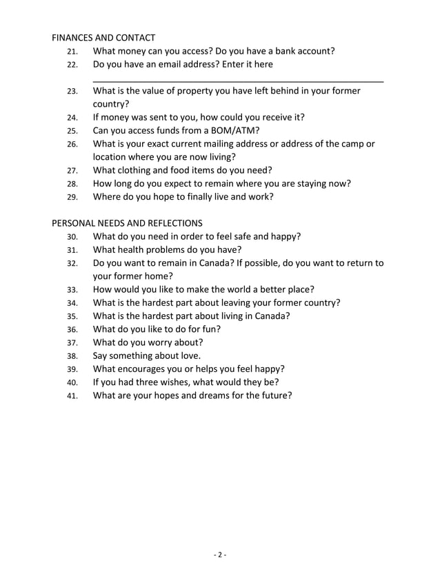 Adult Refugee Interview Questionnaire | PDF
