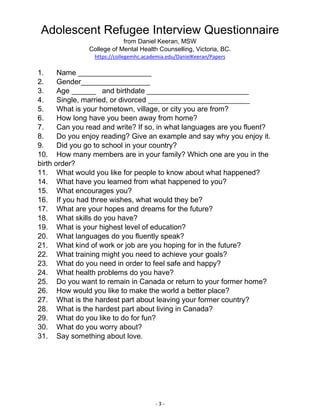 Adult Refugee Interview Questionnaire | PDF