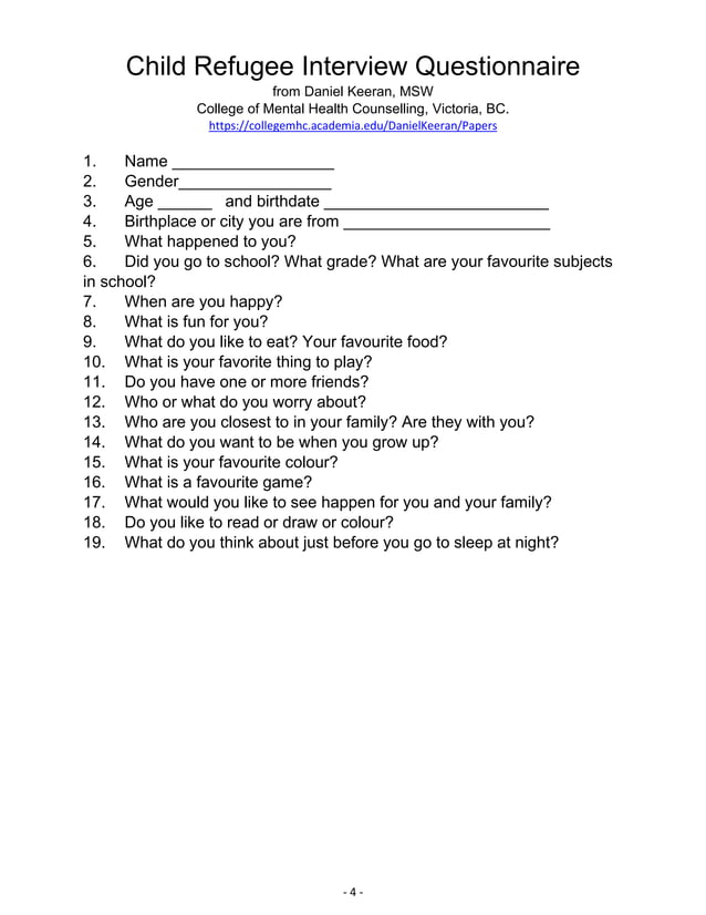 Adult Refugee Interview Questionnaire | PDF