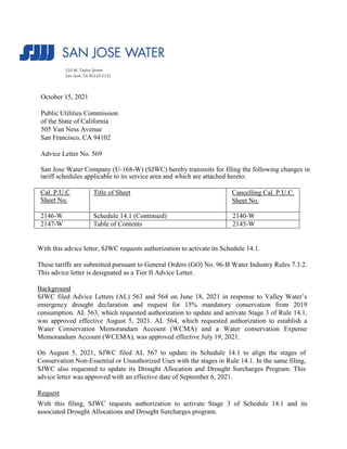 Advice letter 569 - surcharges 2021 San Jose Water company | PDF ...