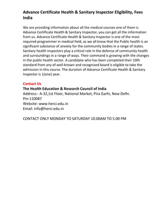 Advance certificate health & sanitary inspector eligibility, fees india ...